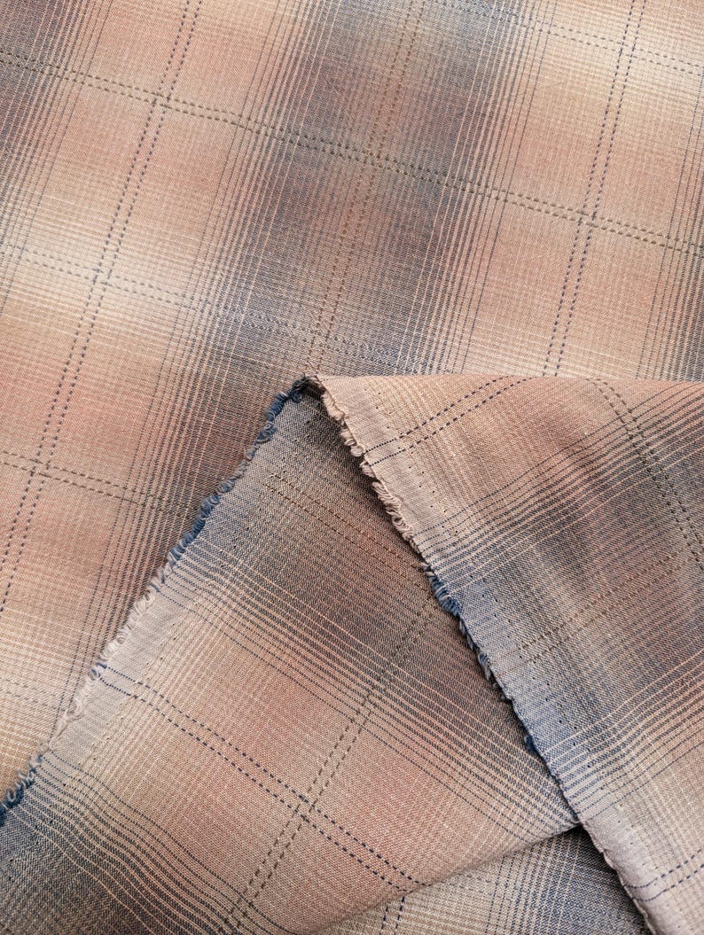 Japanese Yarn Dyed Big Plaid Cotton Fabric 4547-346 Light Peach, Blue ...
