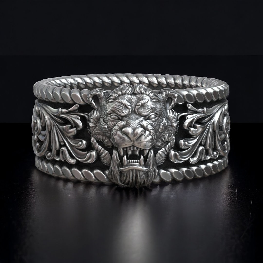 Tiger Head Engraved Pattern Wild Band 925 Sterling Silver Ring Fierce ...