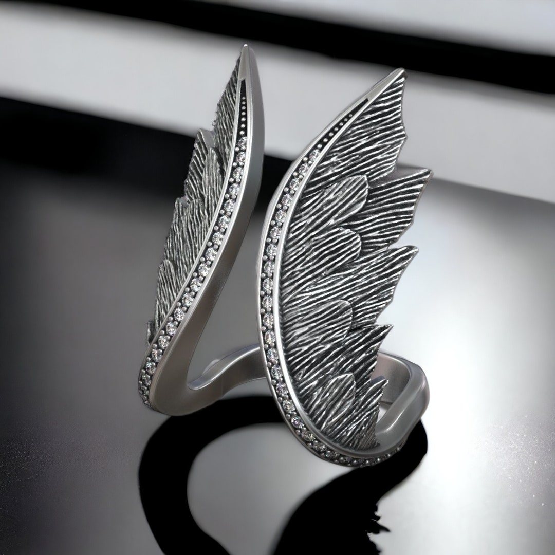 Stunning Angel Wings Diamond Oxidized 925 Sterling Silver Ring for ...