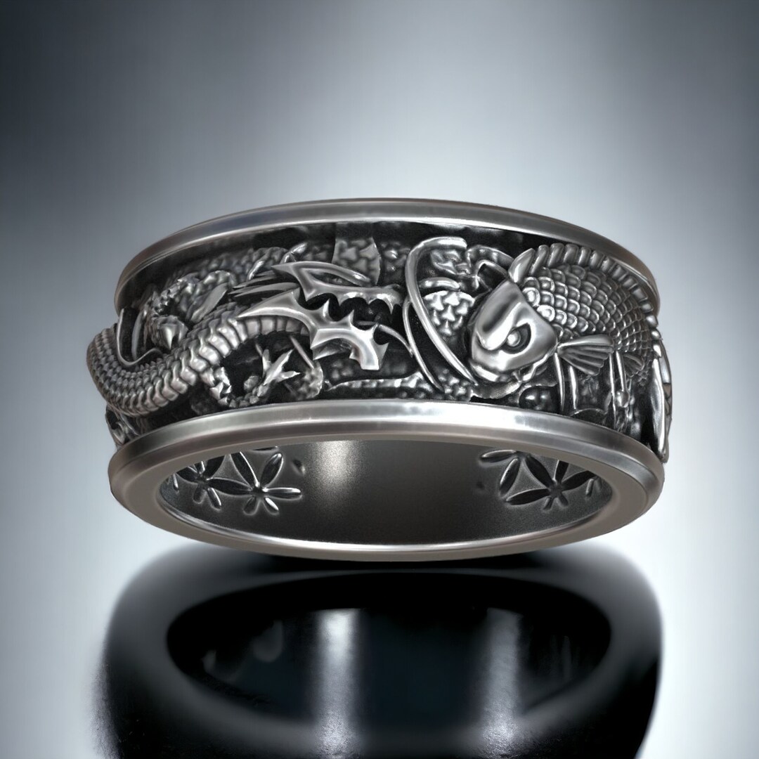 Dragon VS Koi Carp Fish Japanese Traditional Pattern Ring 925 Sterling ...