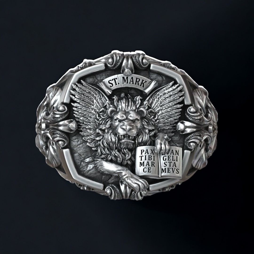 Saint Mark Lion Evangelist Cross Pattern 925 Sterling Silver Signet ...