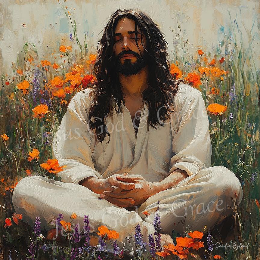 Jesus Meditating in Flowers Canvas Print: Christian Spiritual Wall Art ...