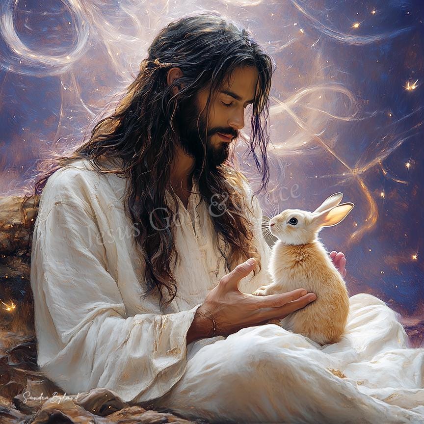 JESUS HOLDING A BUNNY Canvas Art Print Jesus & Rabbit Print Christian ...