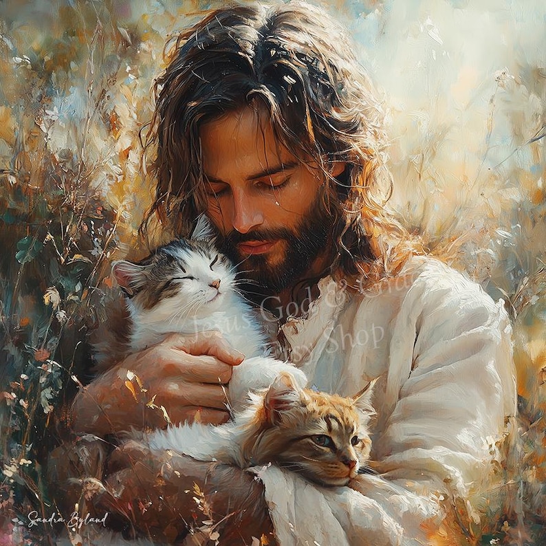 JESUS LOVING CATS Giclee Fine Art Print Jesus & 2 Kitties Christian Cat ...