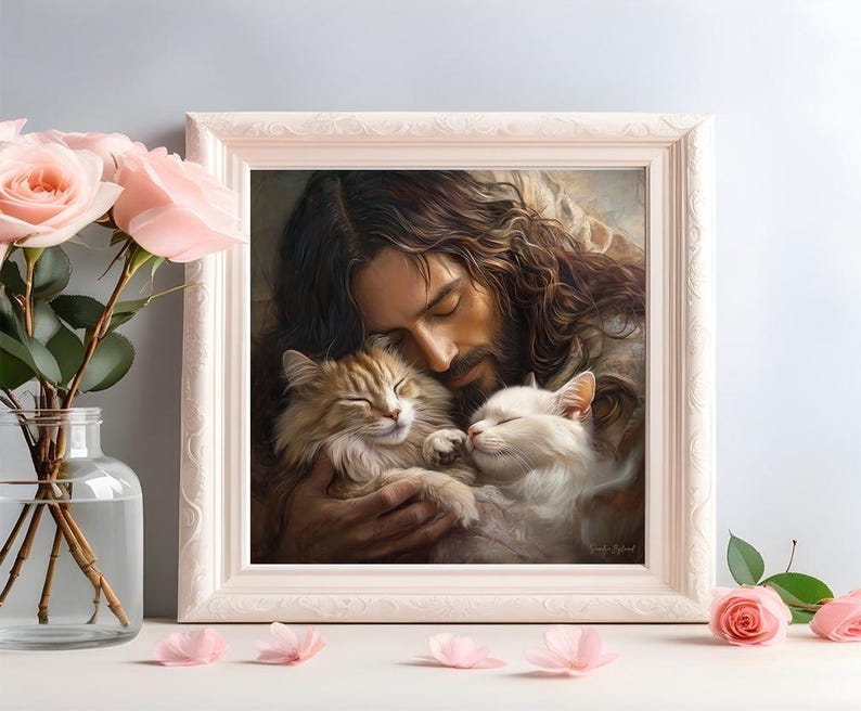 Jesus Blessing Cats Canvas Print: Christian Cat Lover Gift, Christmas ...