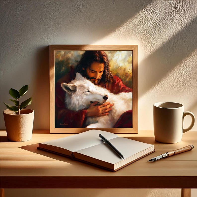 JESUS and WHITE WOLF Canvas Art Jesus Blessing Wolf Canvas Print Jesus ...