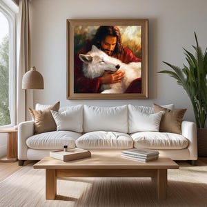 JESUS and WHITE WOLF Canvas Art Jesus Blessing Wolf Canvas Print Jesus ...