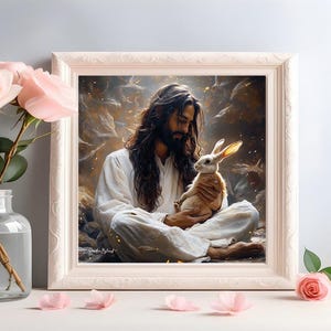 JESUS AND RABBIT Canvas Print Jesus Blessing a Rabbit Art Christian ...