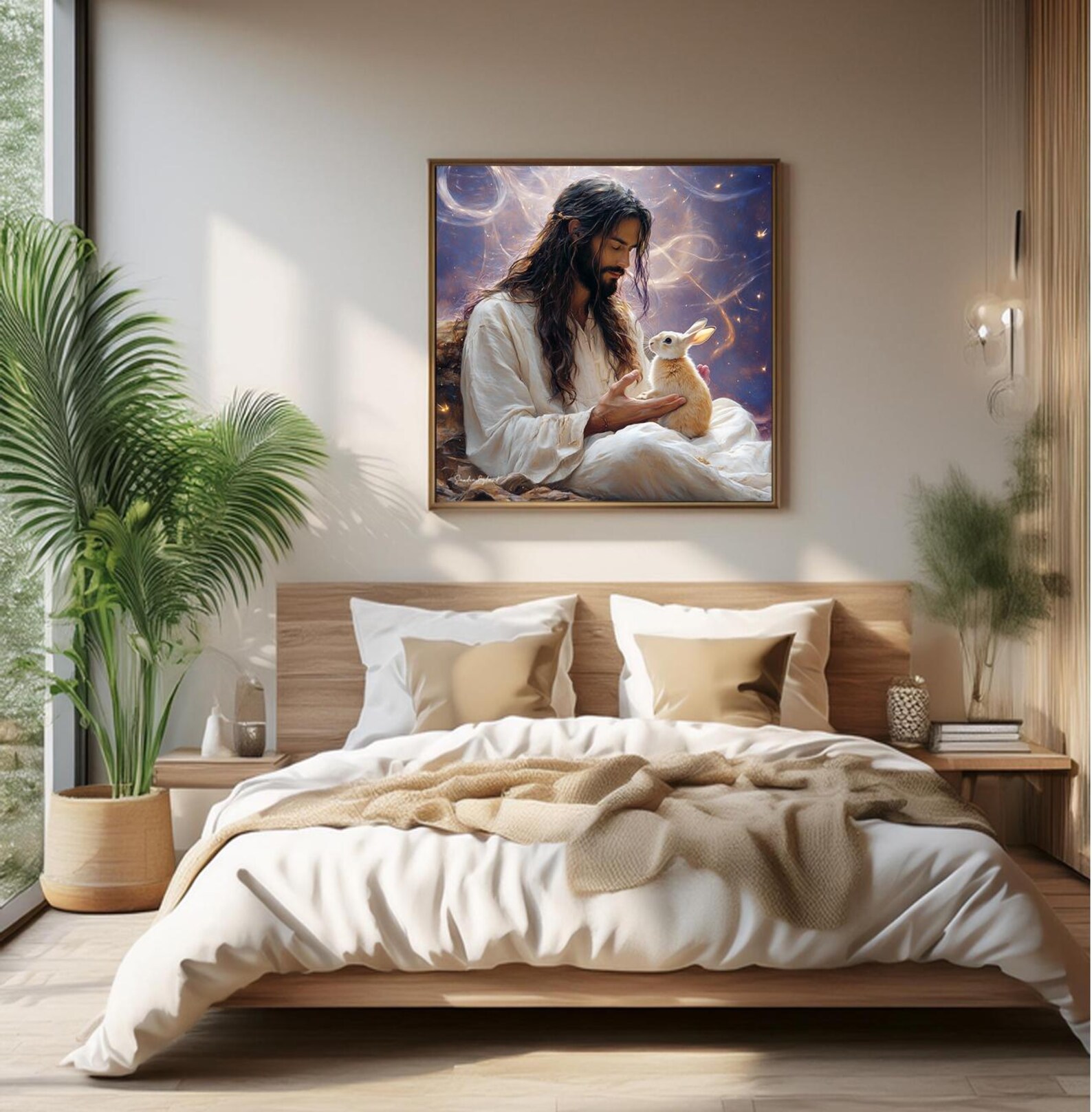 JESUS HOLDING A BUNNY Canvas Art Print Jesus & Rabbit Print Christian ...