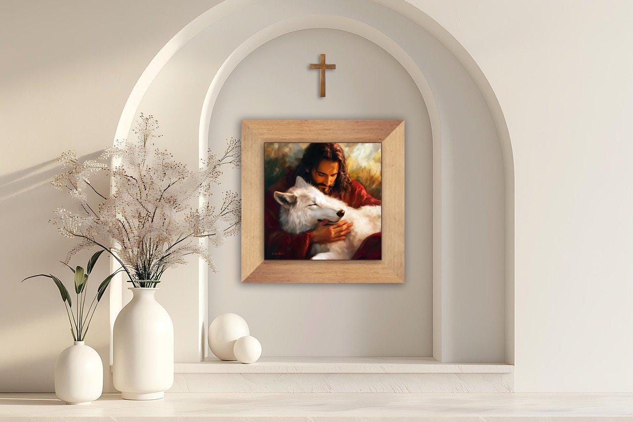 JESUS and WHITE WOLF Canvas Art Jesus Blessing Wolf Canvas Print Jesus ...
