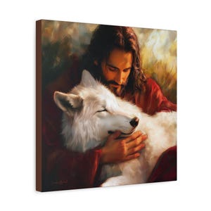 JESUS and WHITE WOLF Canvas Art Jesus Blessing Wolf Canvas Print Jesus ...