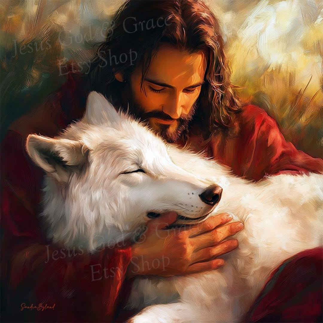 JESUS and WHITE WOLF Canvas Art Jesus Blessing Wolf Canvas Print Jesus ...