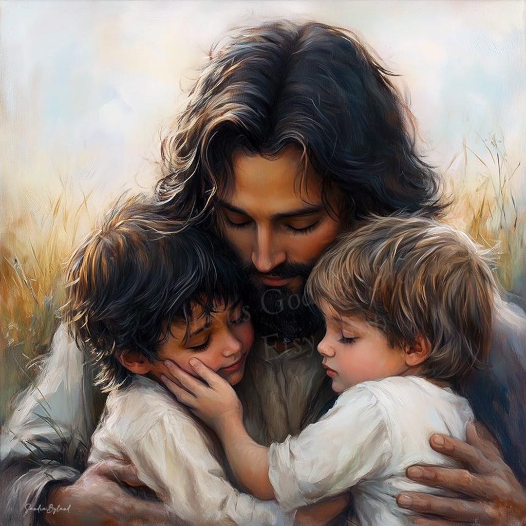 LOVE THY NEIGHBOR Canvas Print Jesus and 2 Little Boys Christian Mother ...