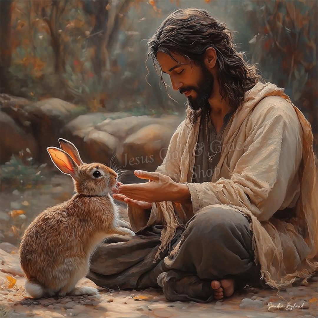JESUS and BUNNY ART Print Jesus Giclee Art Christian Animal Lover Print ...