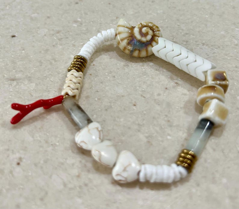 Red Coral Charm and Ceramic Shell Friendship Bracelet - Designer - One ...