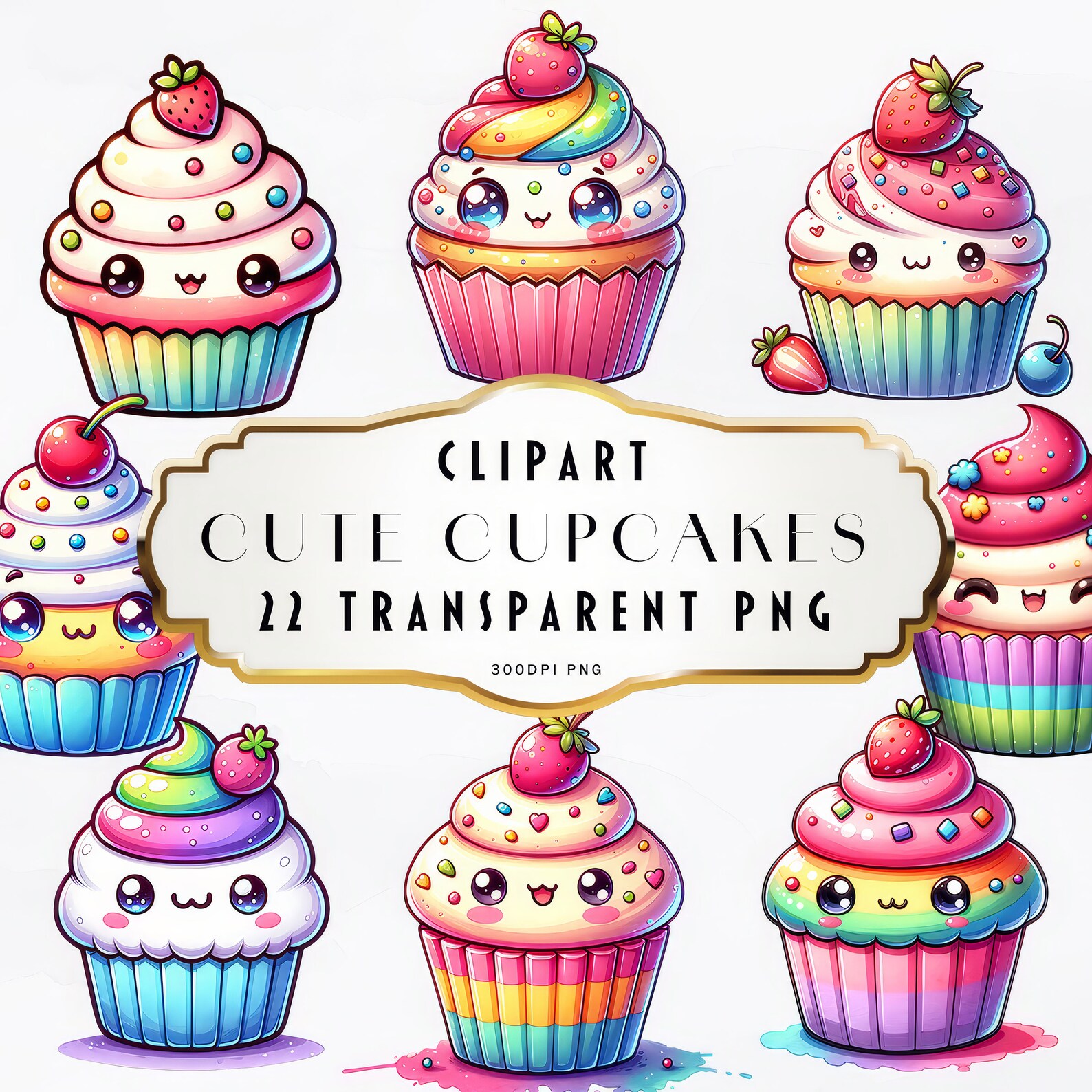 Cute Kawaii Cupcake Clipart, Watercolor Clip Art, Birthday Cake Clipart ...