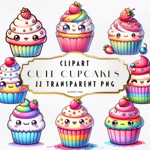 Cute Kawaii Cupcake Clipart, Watercolor Clip Art, Birthday Cake Clipart ...