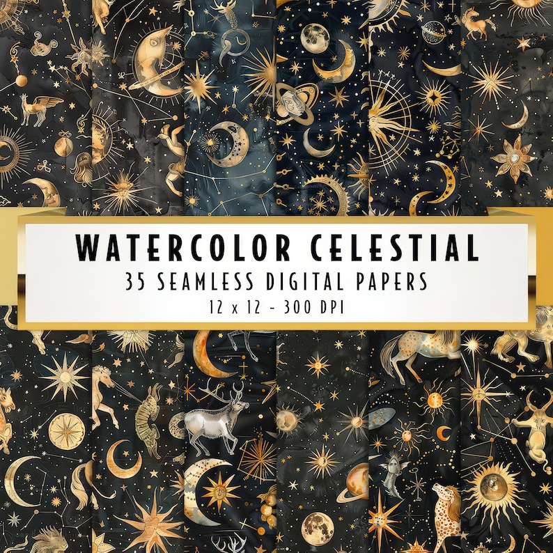 Watercolor Celestial Digital Paper, Zodiac Patterns Background ...