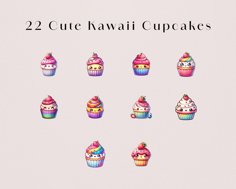 Cute Kawaii Cupcake Clipart, Watercolor Clip Art, Birthday Cake Clipart ...
