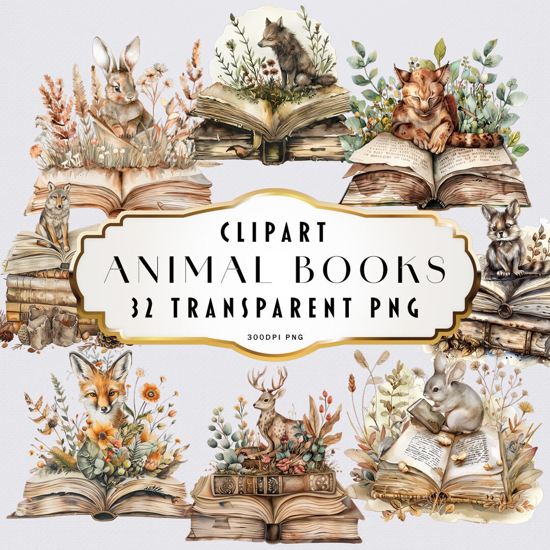 Watercolor Animal Books Clipart, Creature Book Bundle PNG, Woodland ...