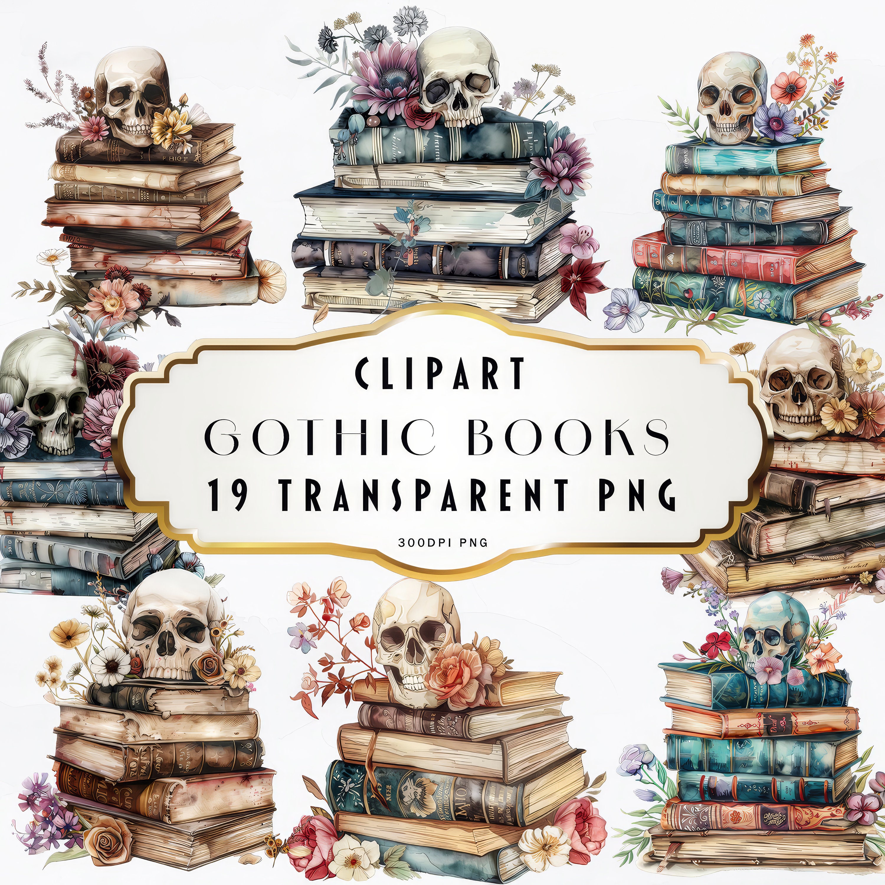 Watercolor Gothic Books Clipart, Goth Book Bundle PNG, Witchcraft Books ...