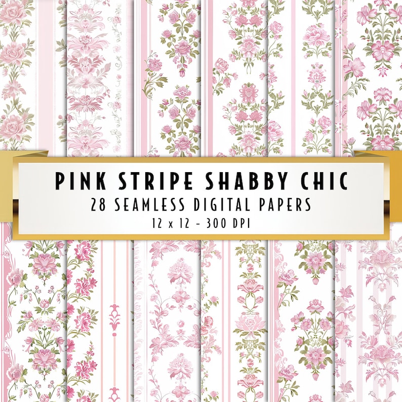 Pink Stripe Shabby Chic Digital Papers - Seamless Scrapbook, Crafting ...