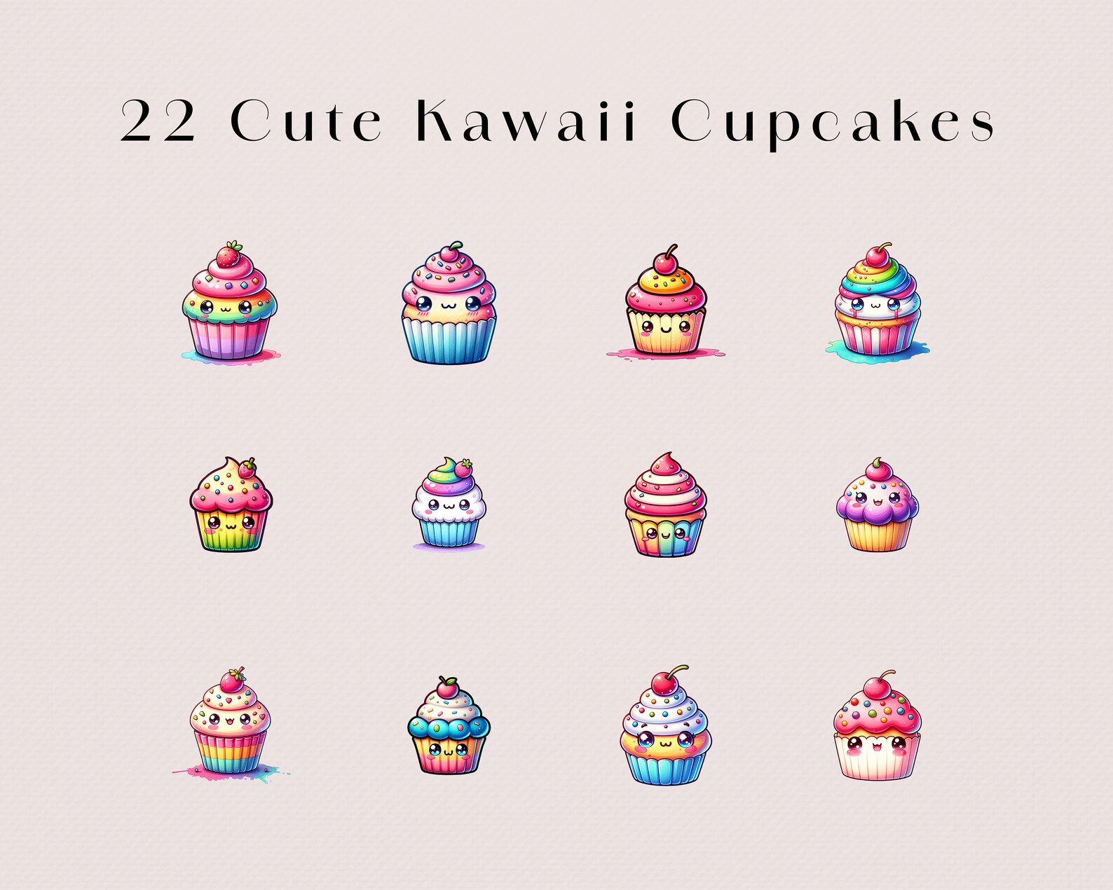 Cute Kawaii Cupcake Clipart, Watercolor Clip Art, Birthday Cake Clipart ...