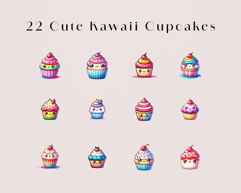 Cute Kawaii Cupcake Clipart, Watercolor Clip Art, Birthday Cake Clipart ...