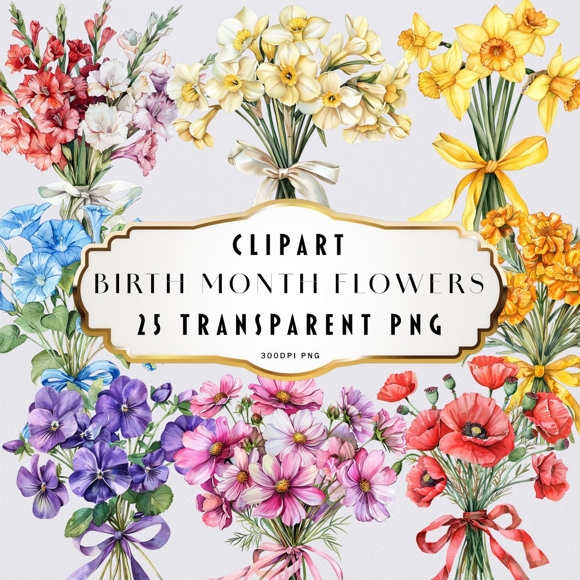 Watercolor Birth Month Flowers Clipart, Floral PNG Bundle, Flower ...