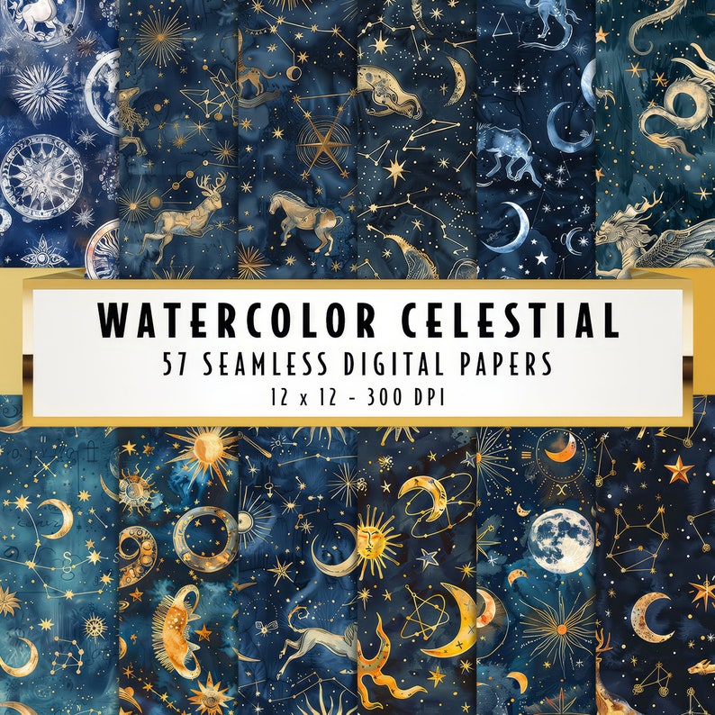 Watercolor Celestial Digital Paper, Zodiac Patterns Background ...