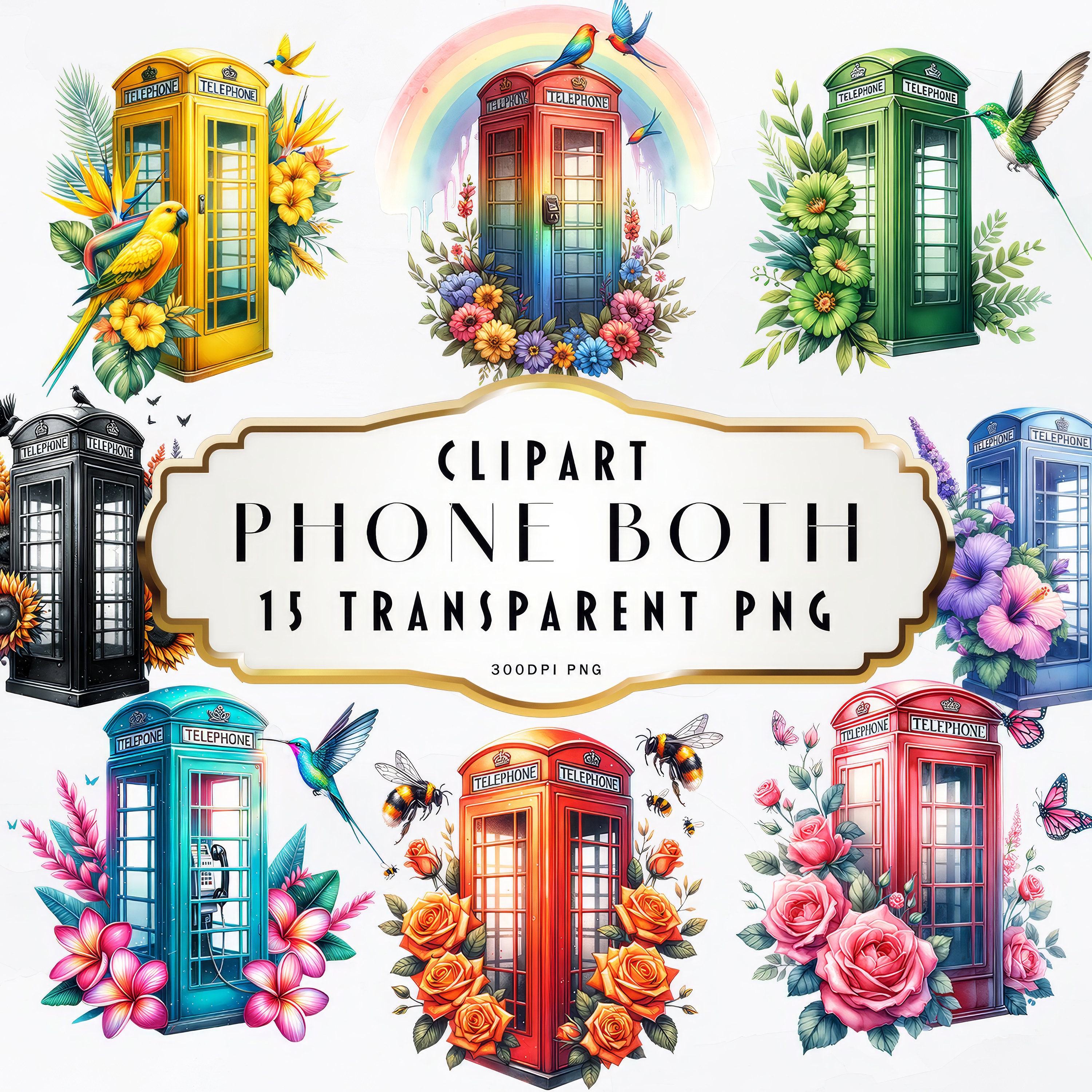 Watercolor Telephone Booth Clipart, Floral London Phone Booth Clip Art ...