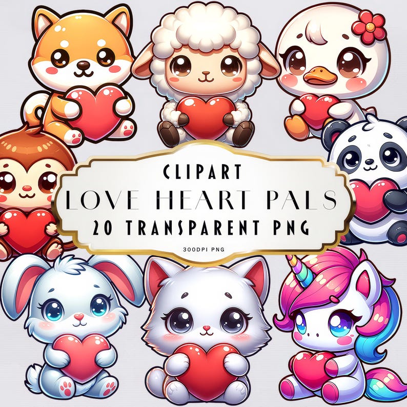 Kawaii Animals With Hearts Clipart: Valentine's Day Stickers (PNG) - Etsy