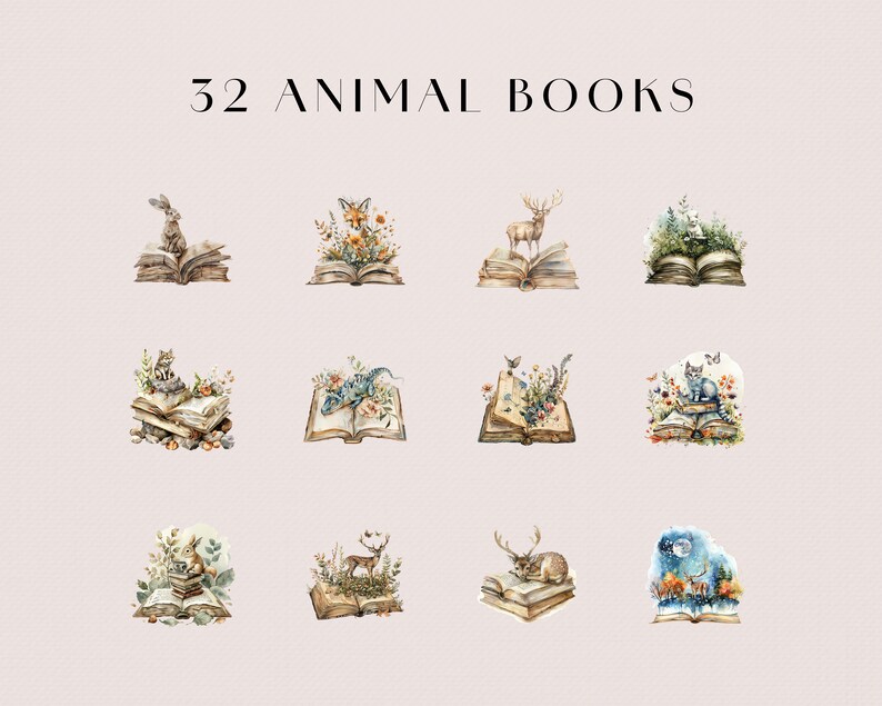 Watercolor Animal Books Clipart, Creature Book Bundle PNG, Woodland ...