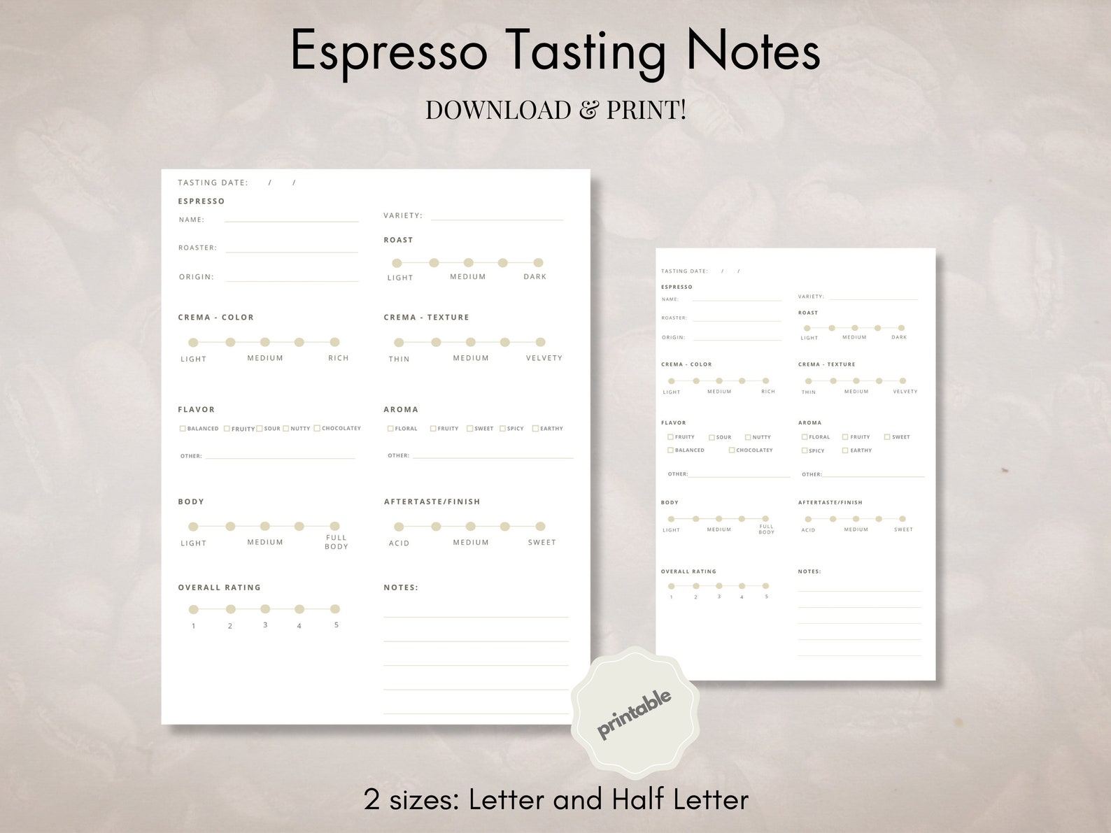 Espresso Tasting Notes Scorecard: Printable PDF (letter & Half-letter ...