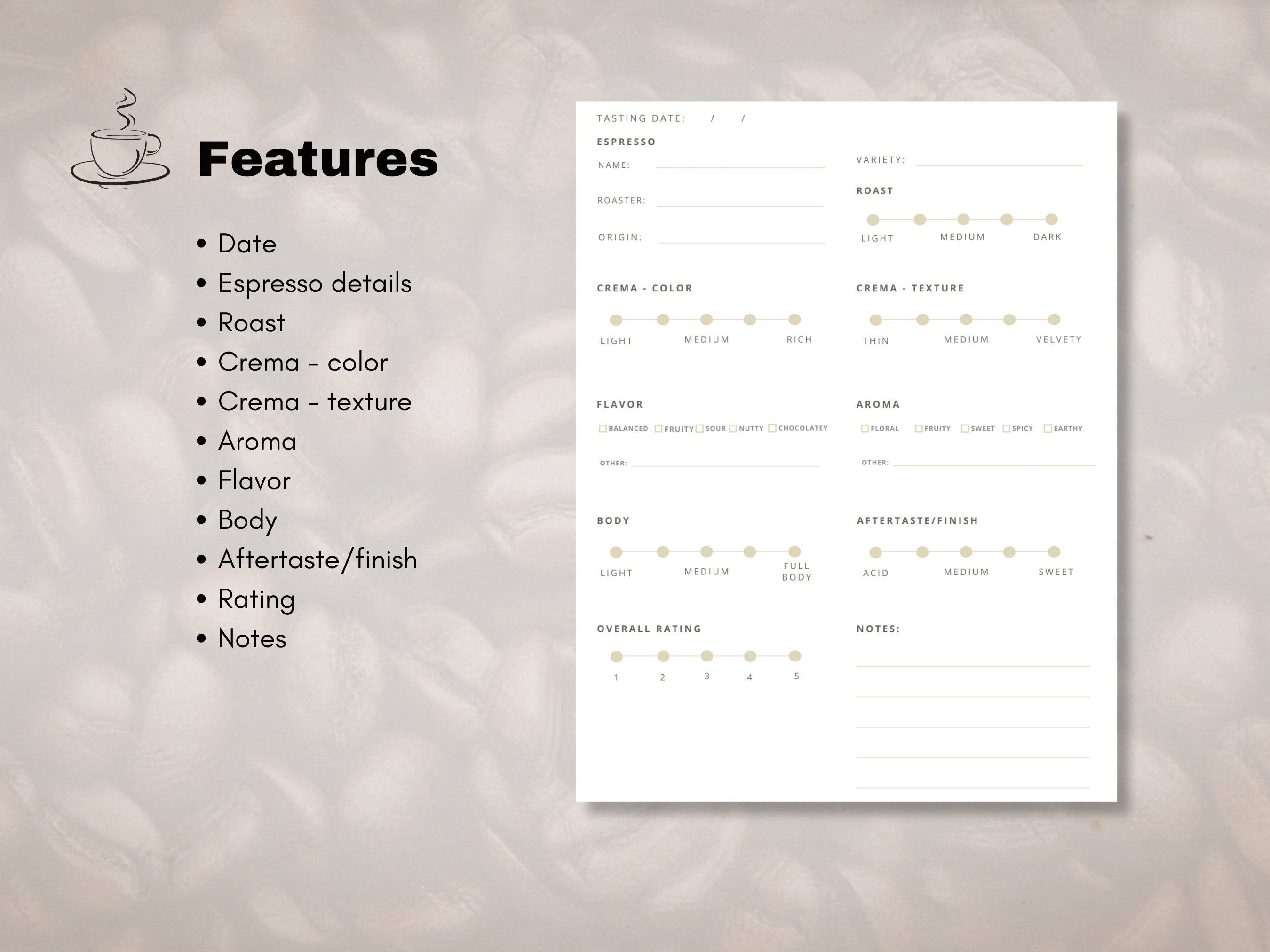 Espresso Tasting Notes Scorecard: Printable PDF (letter & Half-letter ...