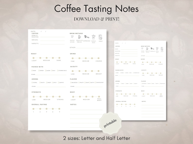 Printable Coffee Tasting Notes Journal: PDF Log (letter & Half-letter ...
