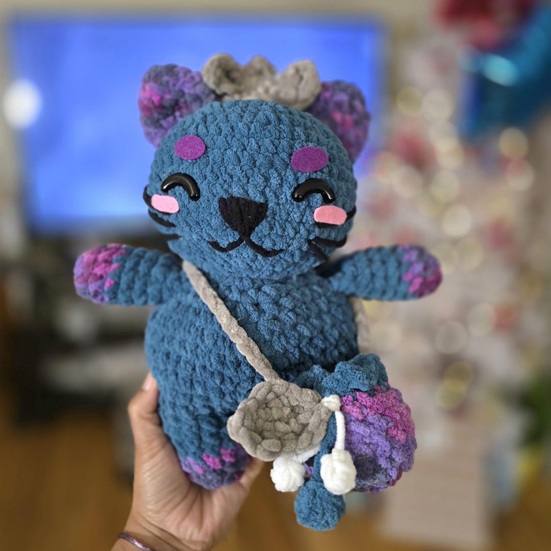 Crochet Blueberry Cat Plushie With Blueberry Satchel, Adorable Blue ...