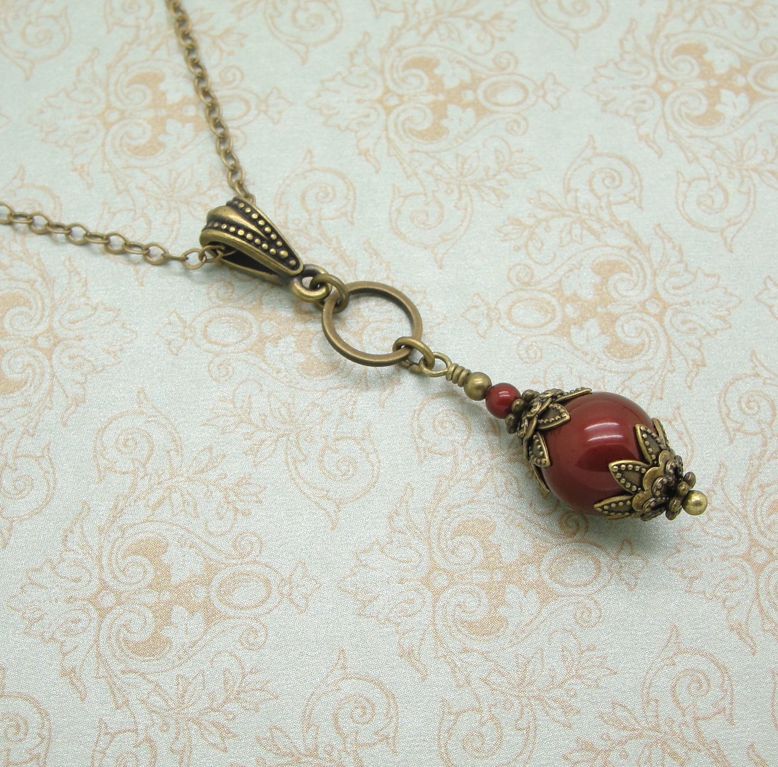 Red Victorian Necklace With Manmade Crystal Pearls in Bordeaux Wine ...