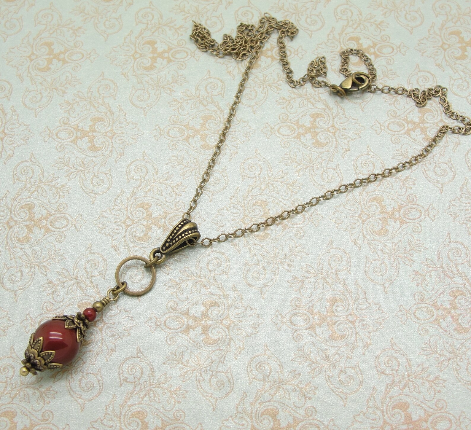 Red Victorian Necklace With Manmade Crystal Pearls in Bordeaux Wine ...