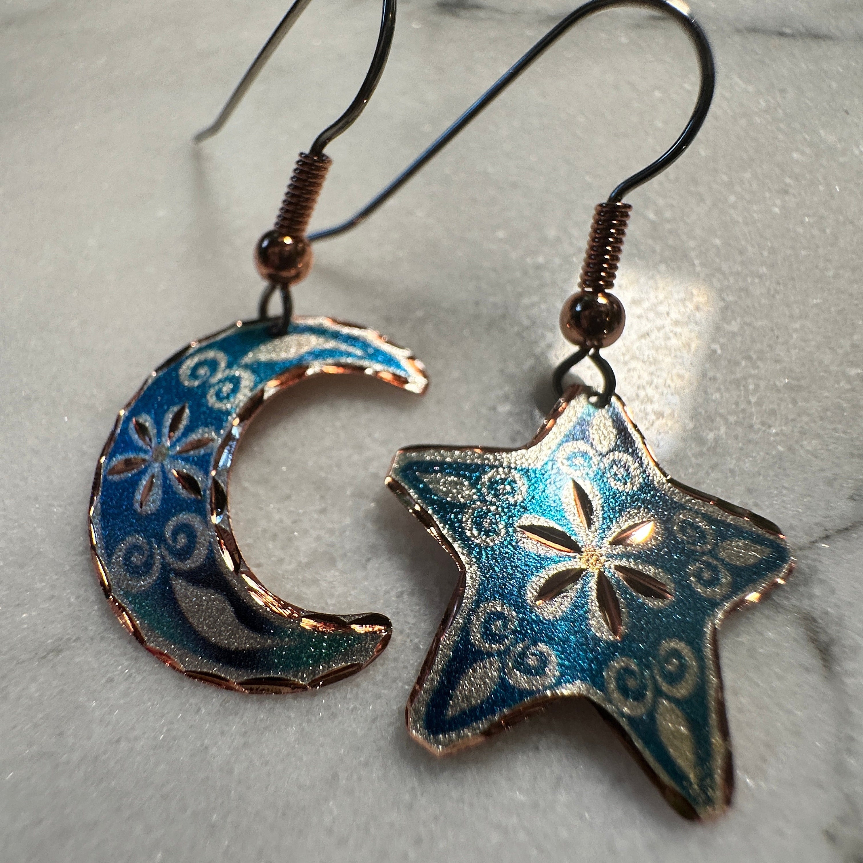 Handcrafted Copper Blue Moon & Star Wire Drop Earrings, Diamond Cut Copper Earring, Bohemian ...