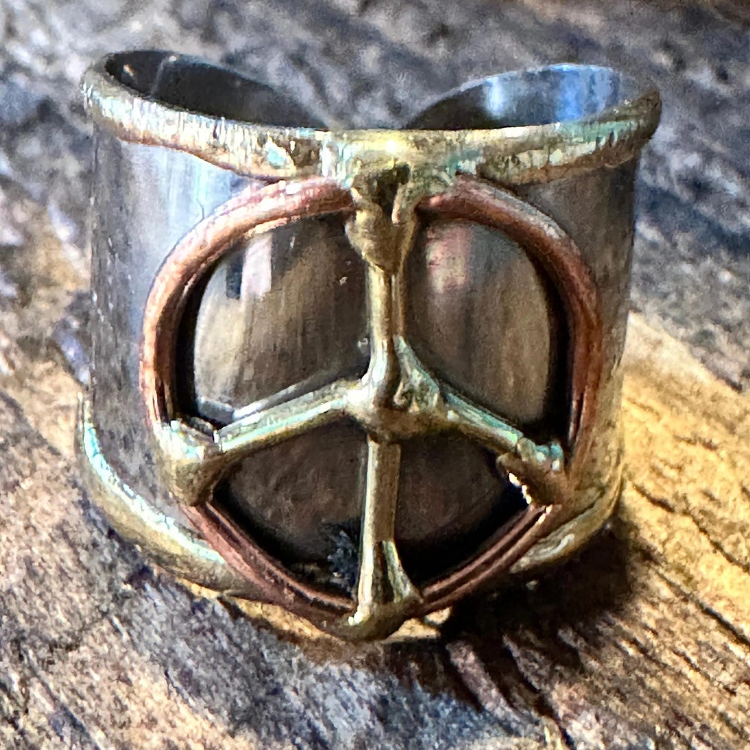 Handmade Artesian Hippie Silver & Copper Peace Sign Wide Cuff Ring ...