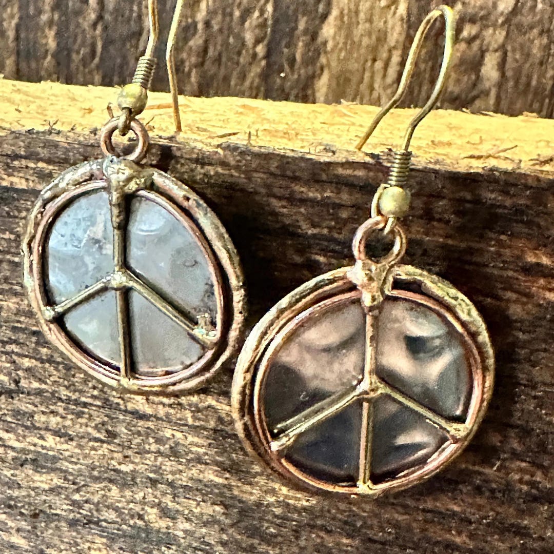 Handmade Artesian Hippie Silver & Copper Peace Sign Drop Wire Earrings ...