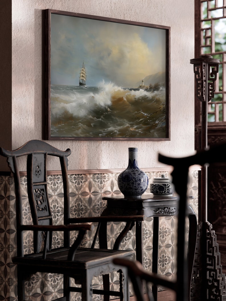 Printable Vintage Landscape Painting of a Dramatic Depiction of a Ship ...