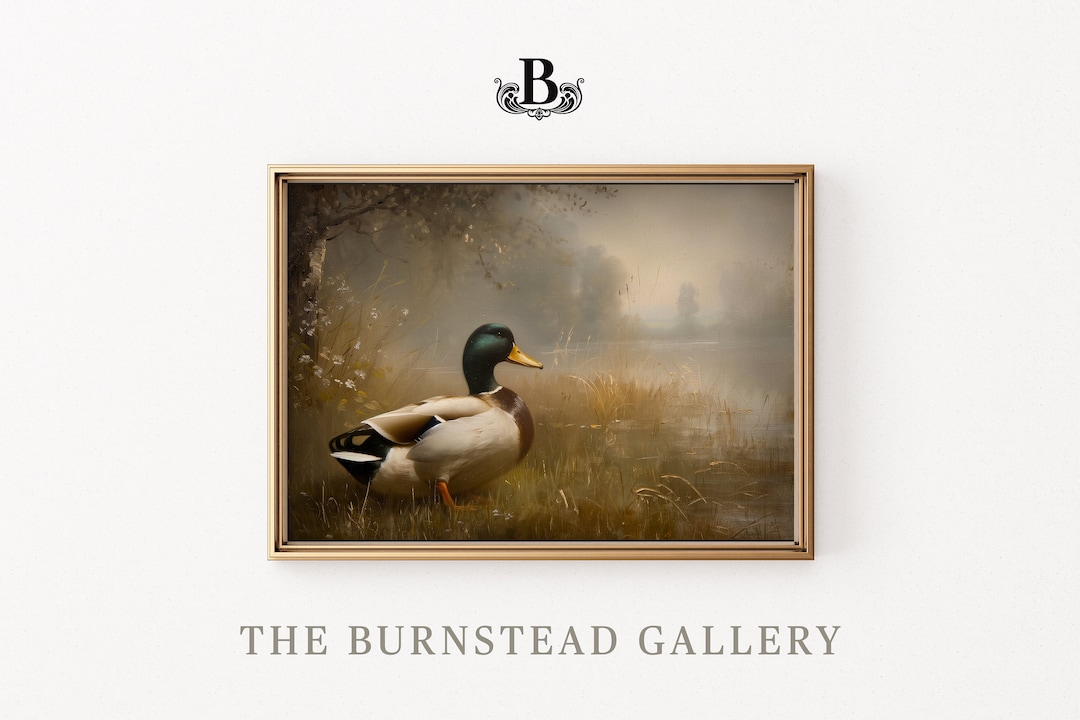 Printable Vintage Landscape Painting of a Duck by the Lake, Farmhouse ...