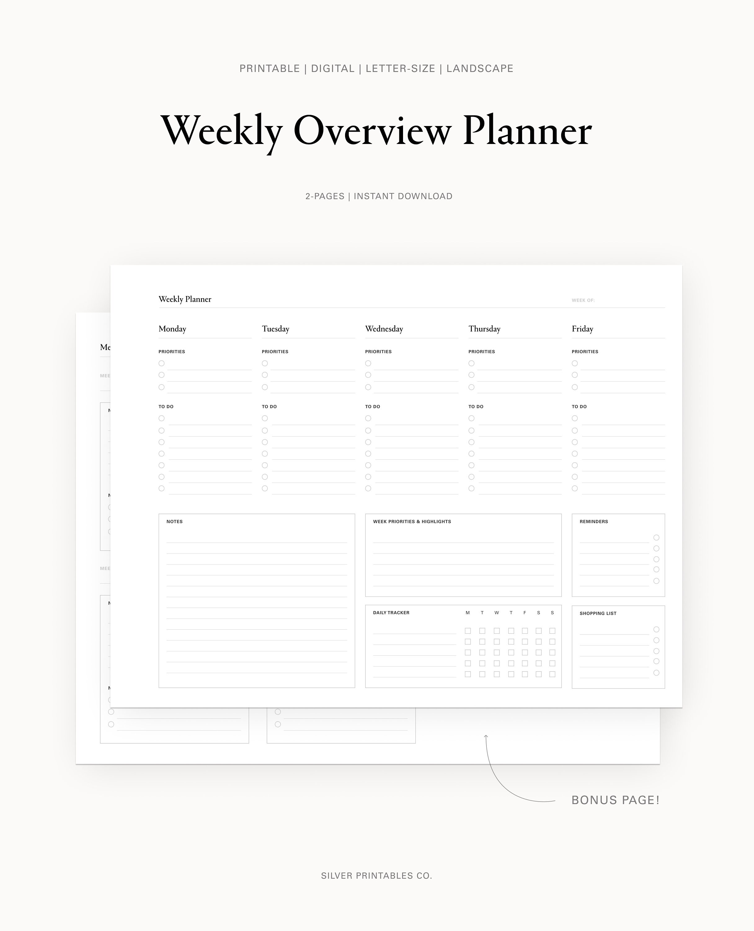 Weekly Overview Planner US Letter Printable PDF Goodnotes Work From ...