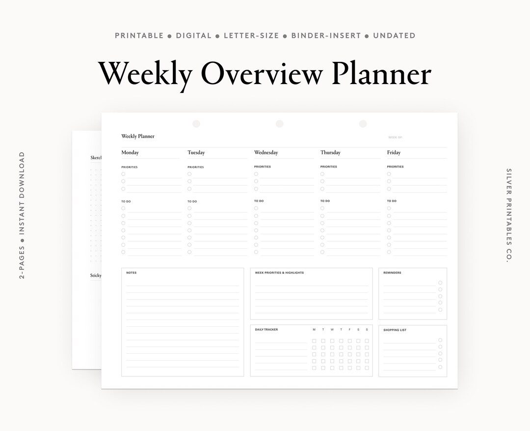 Weekly Overview Planner - US Letter Size | Minimalist Weekly Planner ...