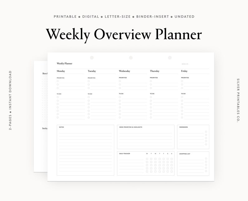 Weekly Overview Planner - US Letter Size | Minimalist Weekly Planner ...