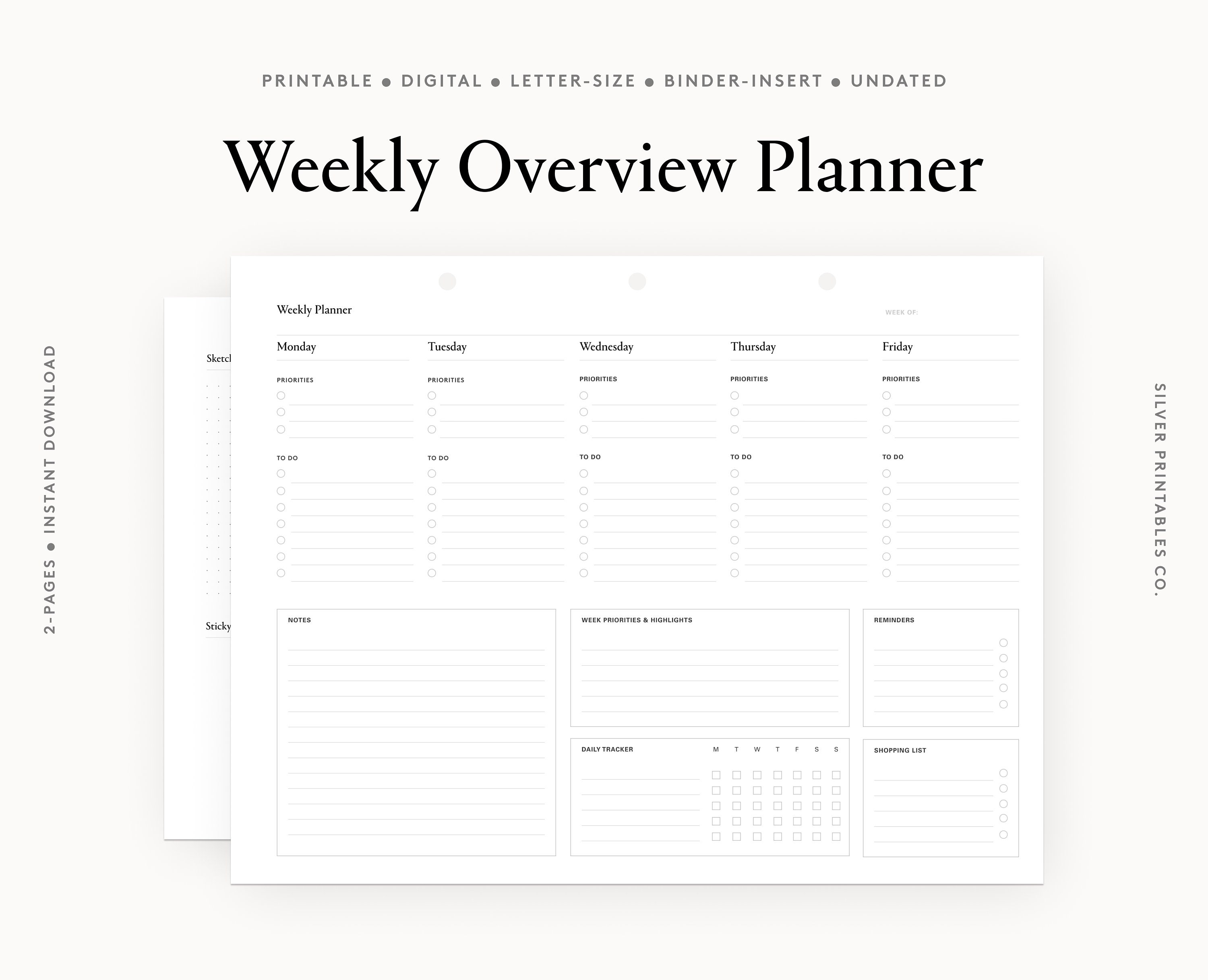 Weekly Overview Planner US Letter Size Minimalist Weekly Planner ...