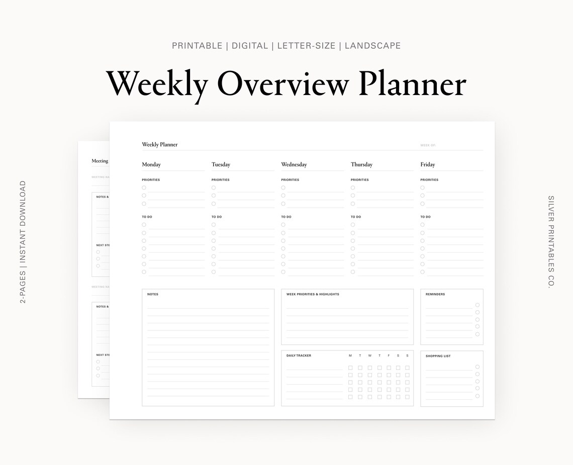 Weekly Overview Planner US Letter Printable PDF Goodnotes Work From ...