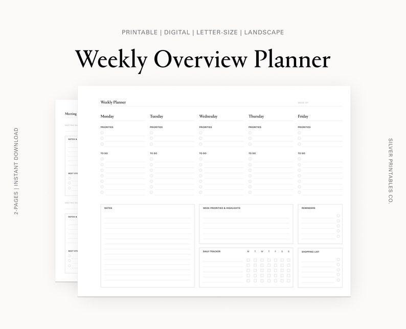 Weekly Overview Planner US Letter Printable PDF Goodnotes Work From ...